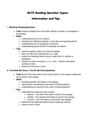 IELTS Reading Question Types: Information and Tips | DOCX