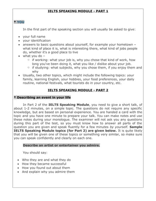 Ielts speaking-module | DOC | Standardized Testing | Educational Assessment