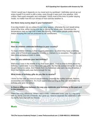 IELTS @ TSA Speaking Part 1 Questions with Modal Answers | PDF