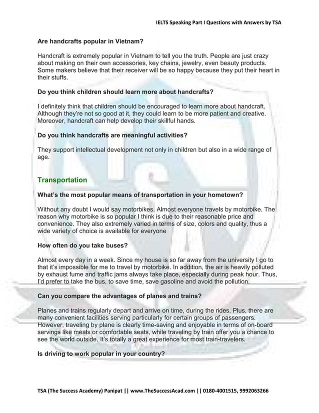 IELTS @ TSA Speaking Part 1 Questions with Modal Answers | PDF