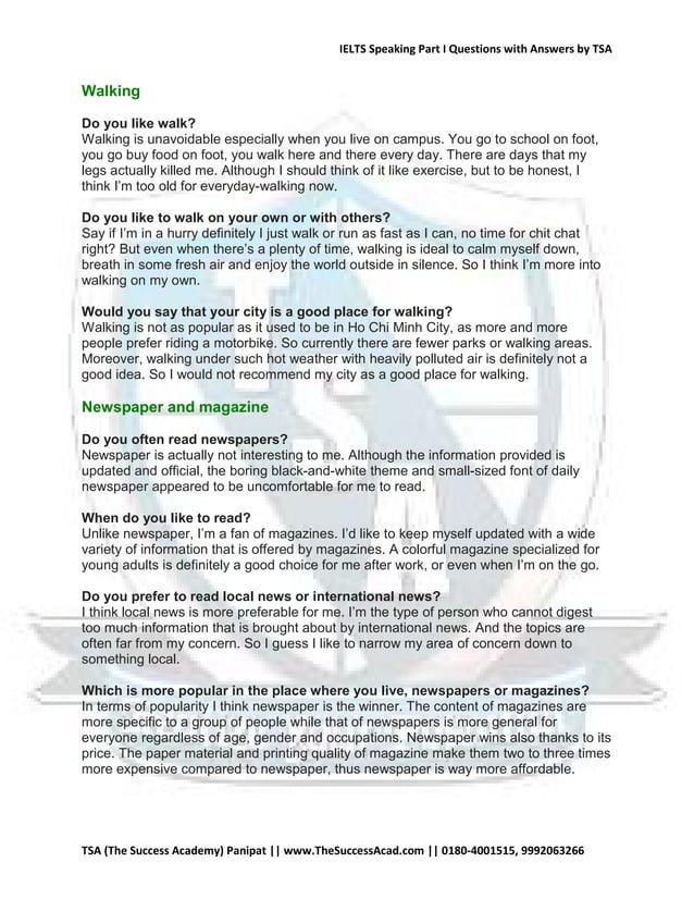 IELTS @ TSA Speaking Part 1 Questions with Modal Answers | PDF | World ...