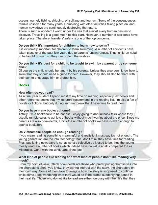 IELTS @ TSA Speaking Part 1 Questions with Modal Answers | PDF | World ...