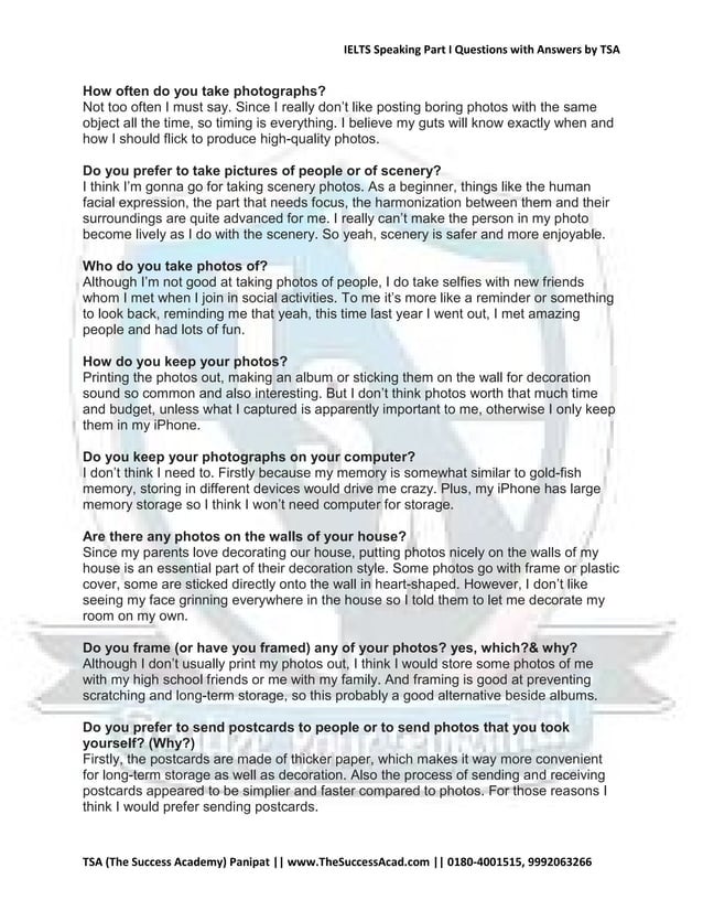 IELTS @ TSA Speaking Part 1 Questions with Modal Answers | PDF | World ...