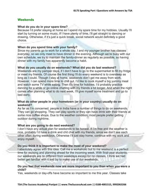 IELTS @ TSA Speaking Part 1 Questions with Modal Answers | PDF | World ...