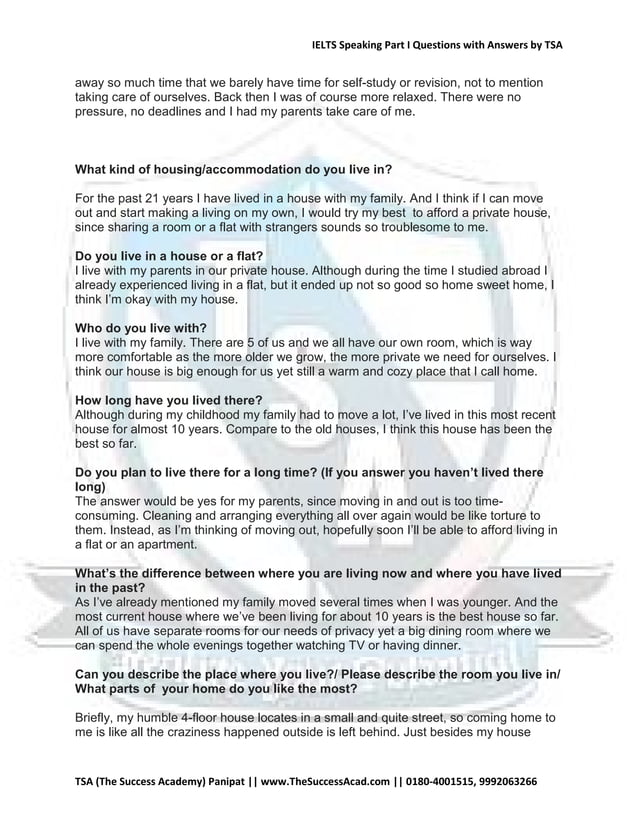 IELTS @ TSA Speaking Part 1 Questions with Modal Answers | PDF | World ...