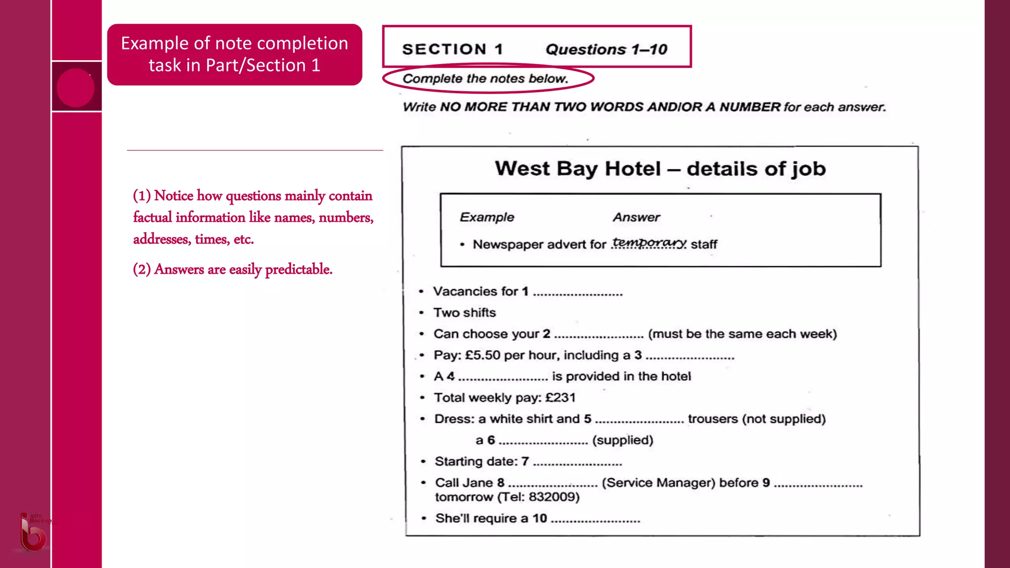 IELTS Listening - Note Completion - Introduction - Useful Tips | PPTX