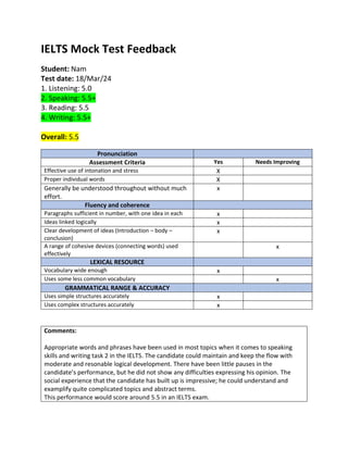 IELTS Mock Test Feedback_Nam learning progress | DOCX