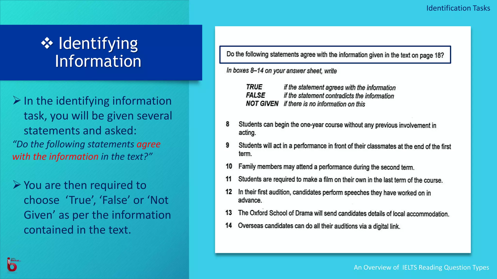 IELTS Reading - An Overview of IELTS Reading Question Types AC - GT | PPTX