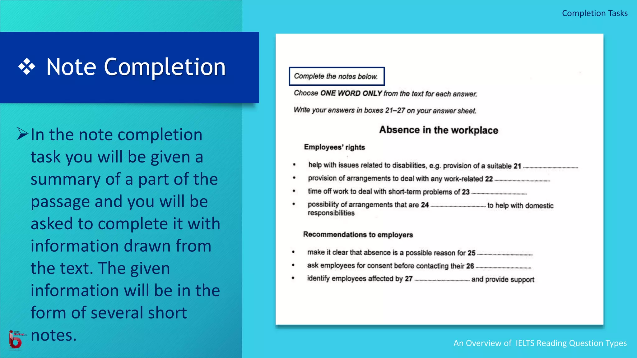 IELTS Reading - An Overview of IELTS Reading Question Types AC - GT | PPTX