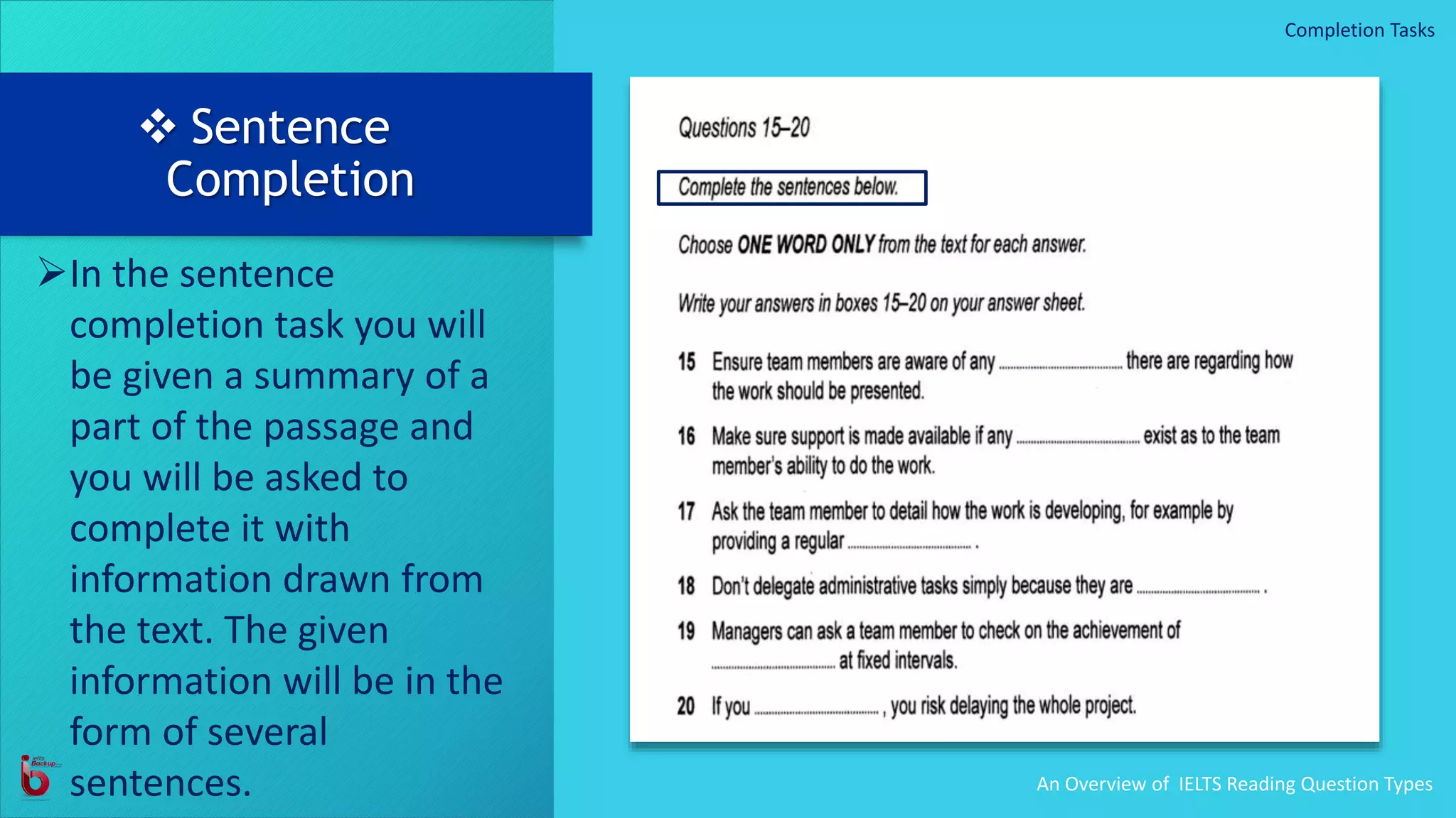 IELTS Reading - An Overview of IELTS Reading Question Types AC - GT | PPTX
