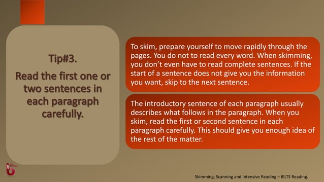 IELTS Reading - Skimming, Scanning and Intensive Reading | PPTX