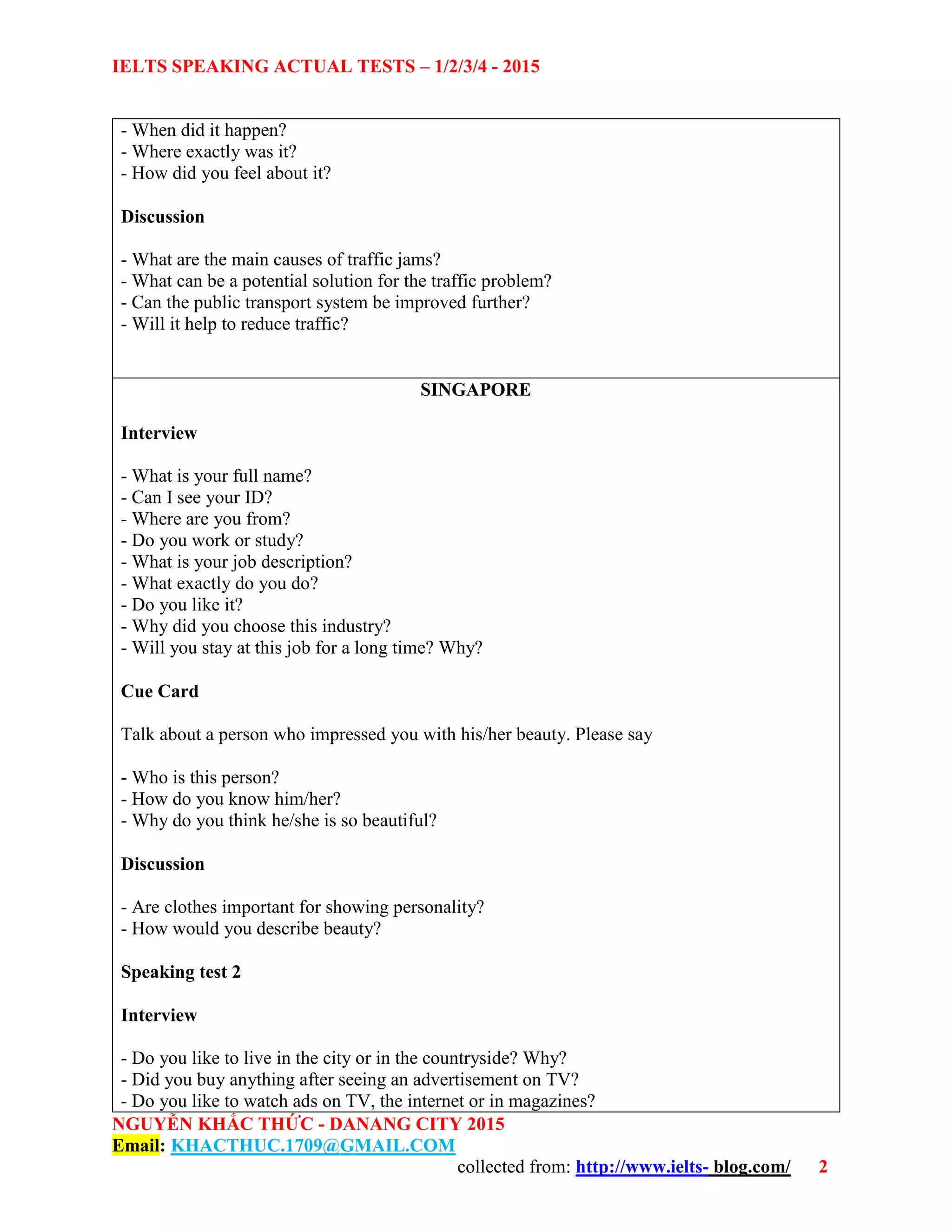 Ielts speaking actual tests 2015 (1) | PDF