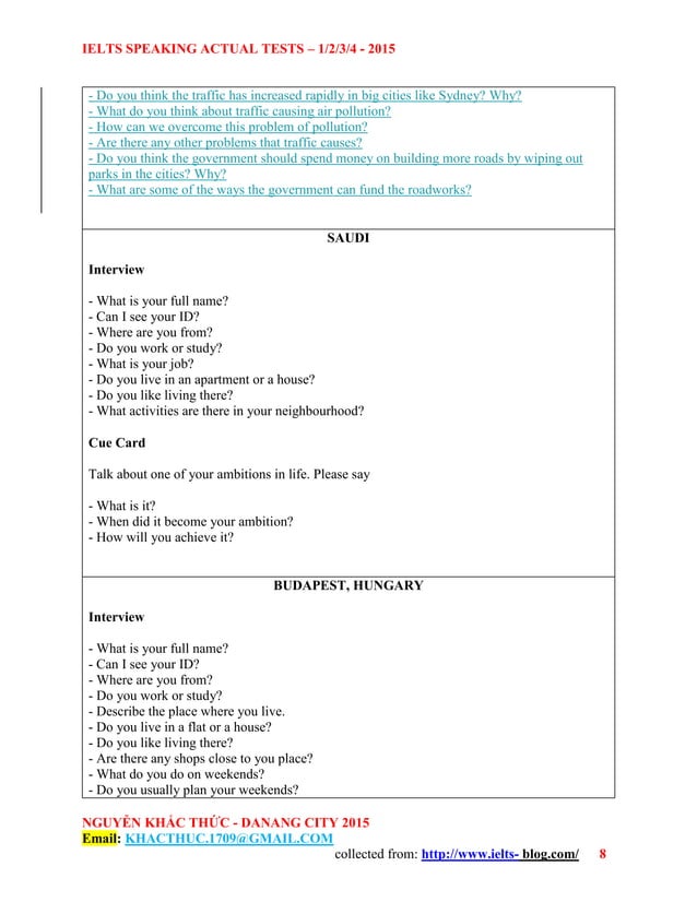 Ielts speaking actual tests 2015 (1) | PDF | Education