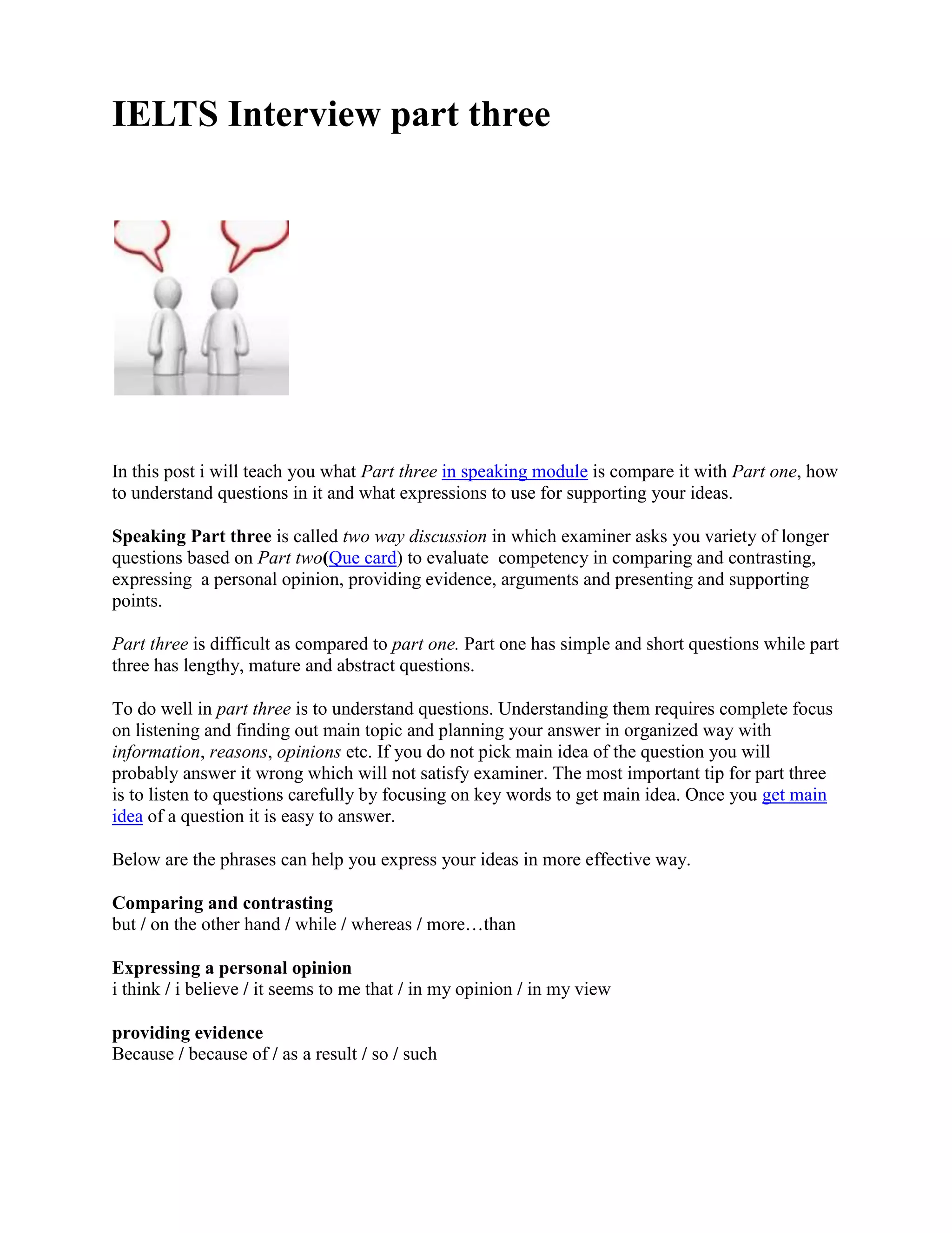 Ielts speaking interview/exam part three tips | DOCX