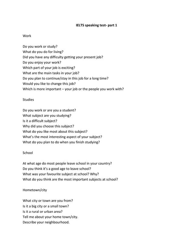 IELTS speaking test part 1 questions | PDF