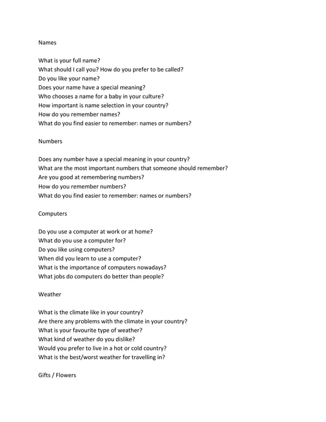 IELTS speaking test part 1 questions | PDF