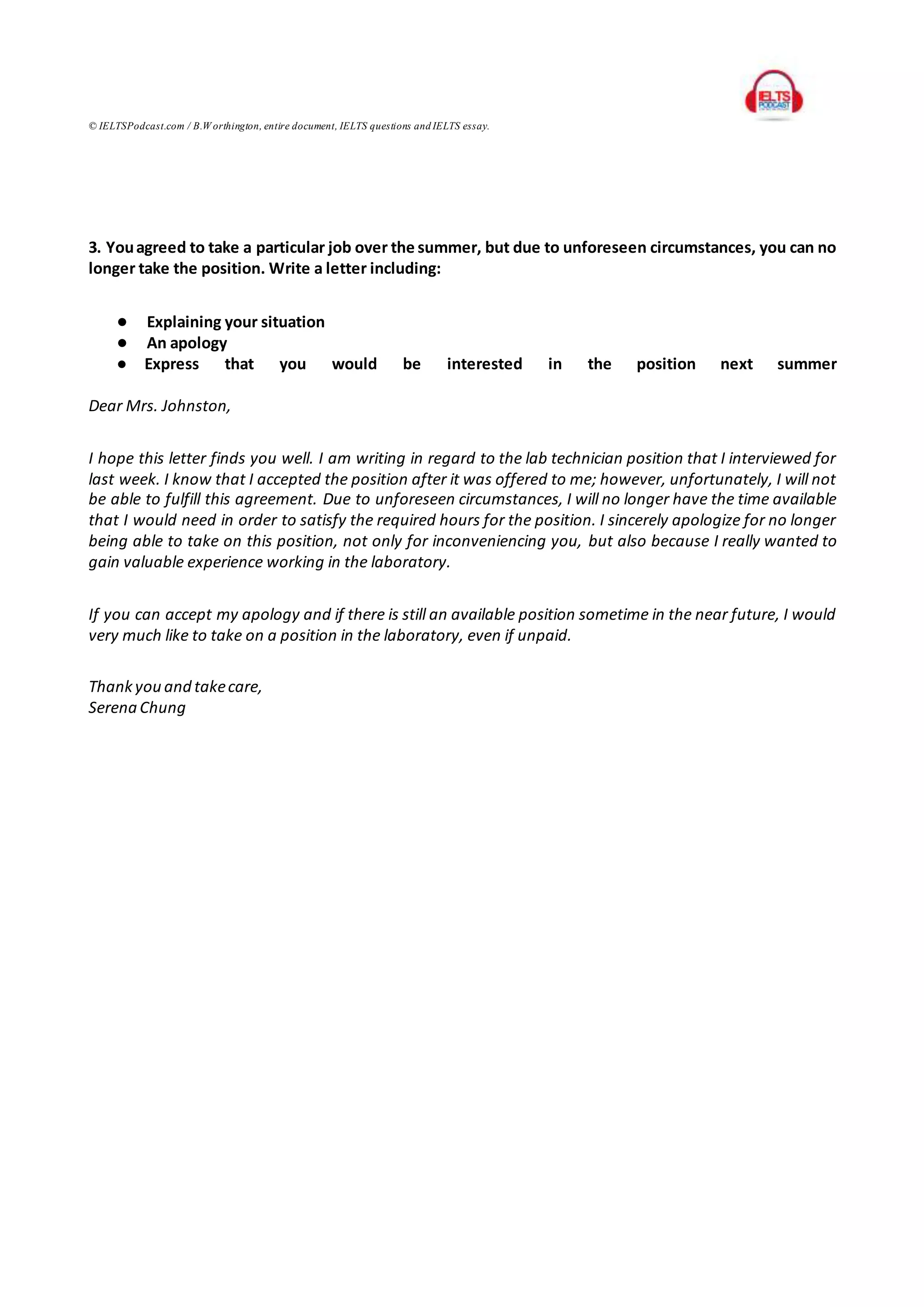 IELTS Writing Task 1 General Sample Answers | PDF