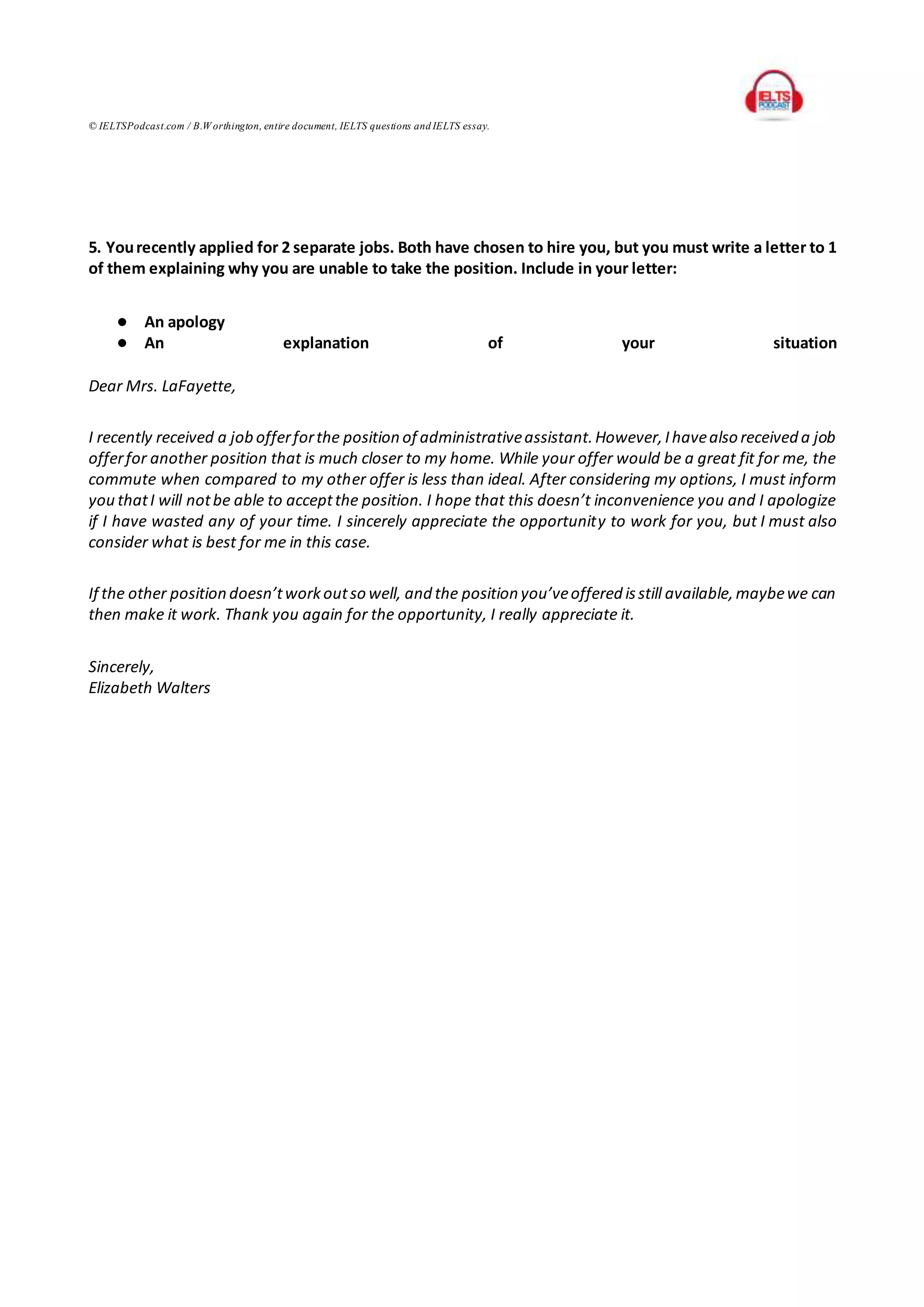 IELTS Writing Task 1 General Sample Answers | PDF