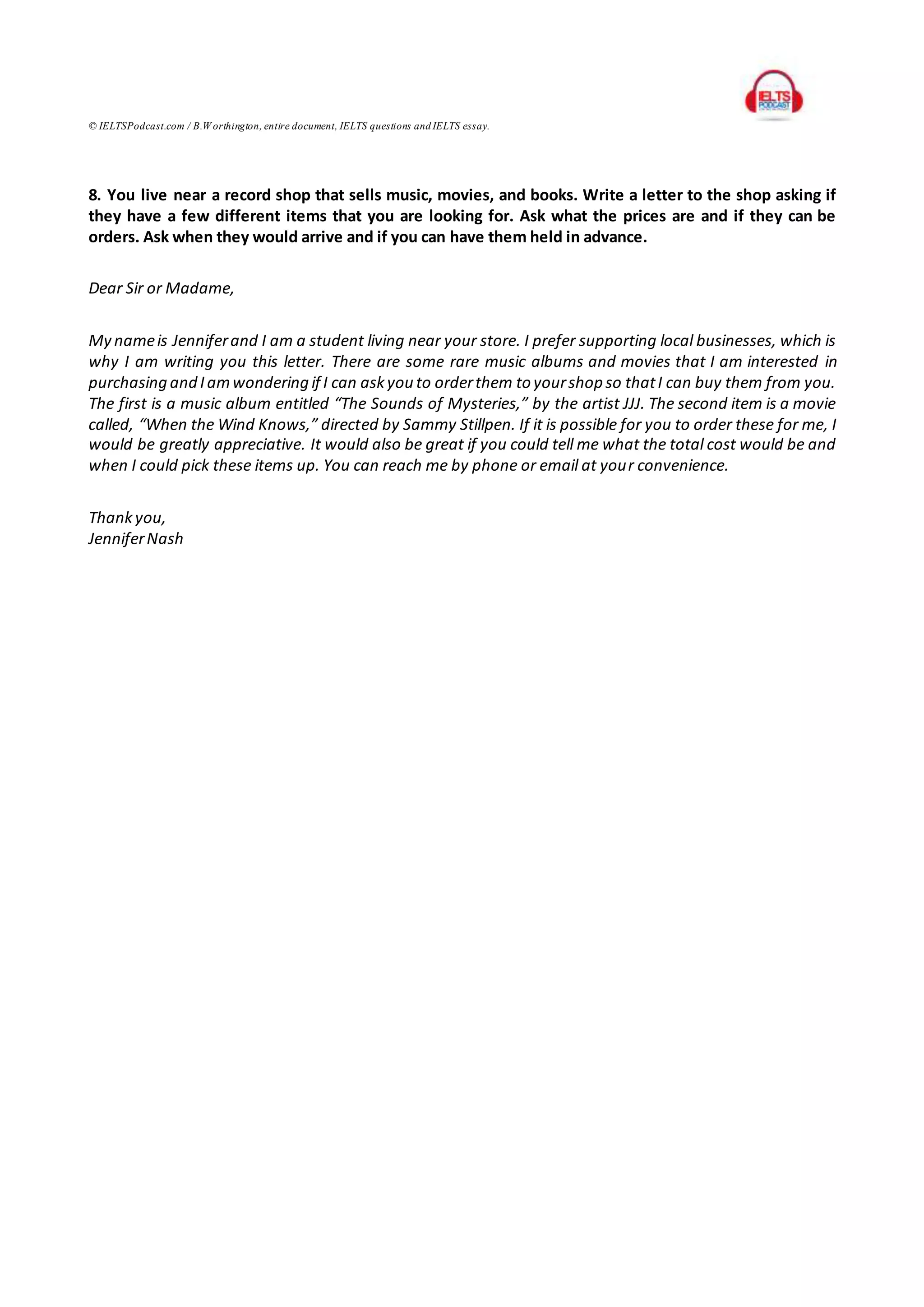 IELTS Writing Task 1 General Sample Answers | PDF