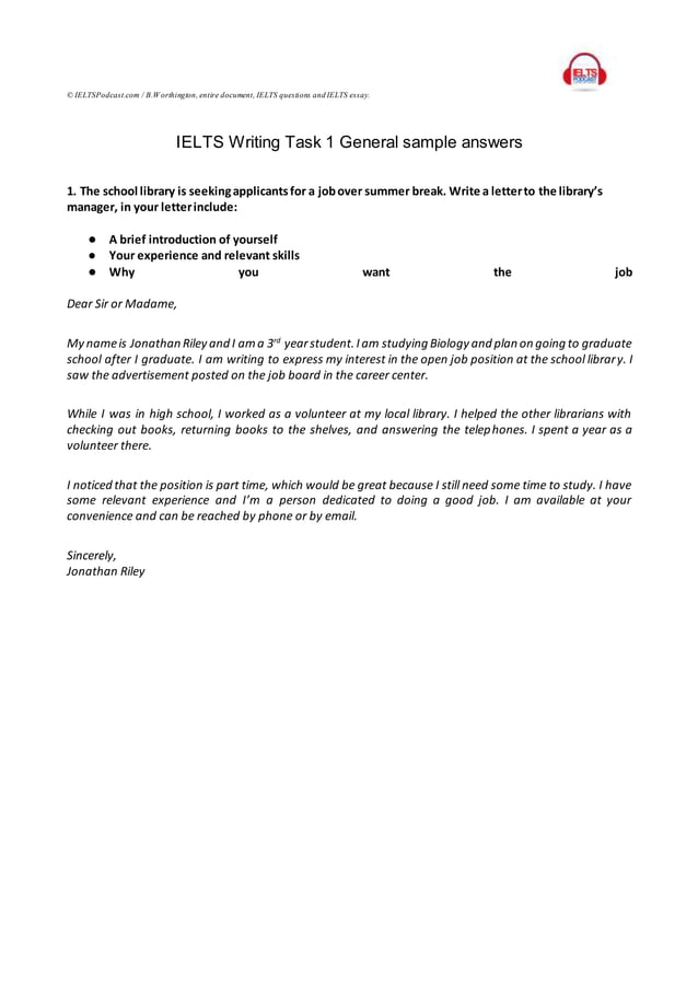 IELTS Writing Task 1 General Sample Answers | PDF