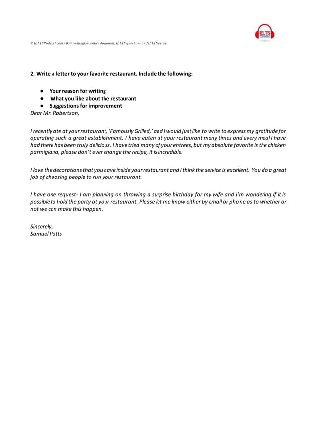 IELTS Writing Task 1 General Sample Answers | PDF