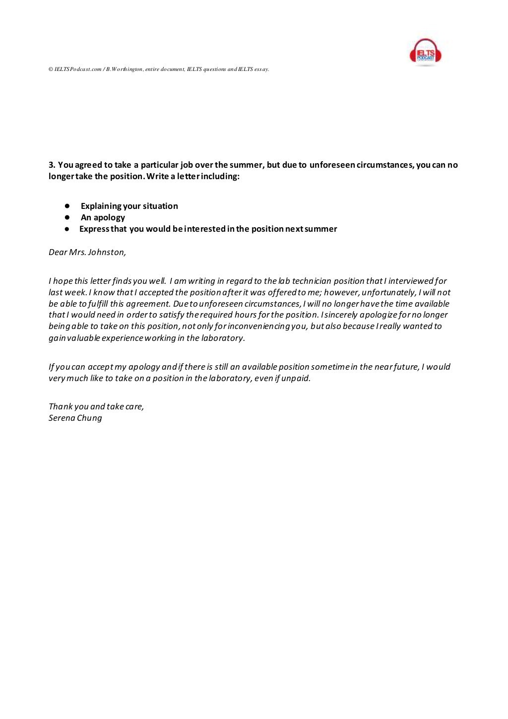 IELTS Writing Task 1 General Sample Answers