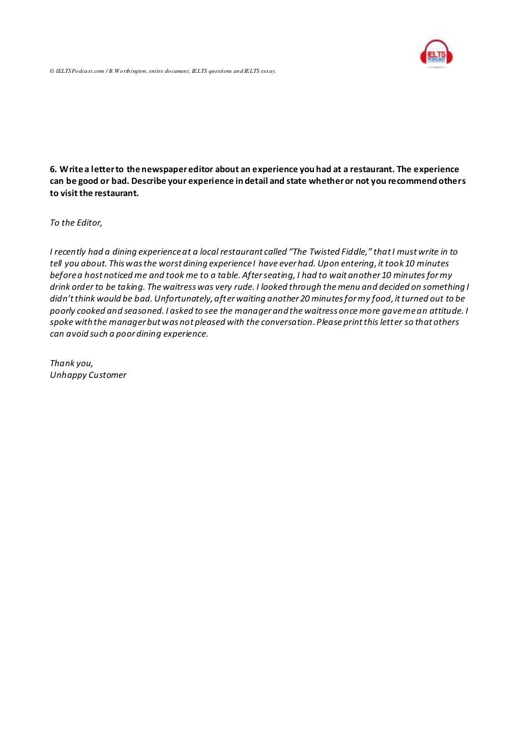 IELTS Writing Task 1 General Sample Answers