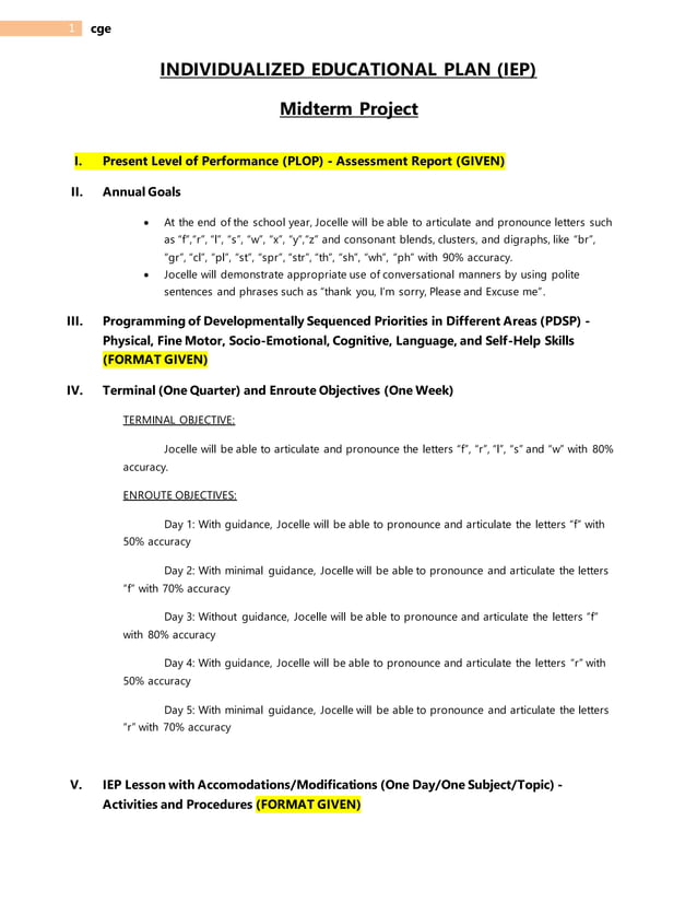 Individualized Educational Plan (IEP) | DOCX