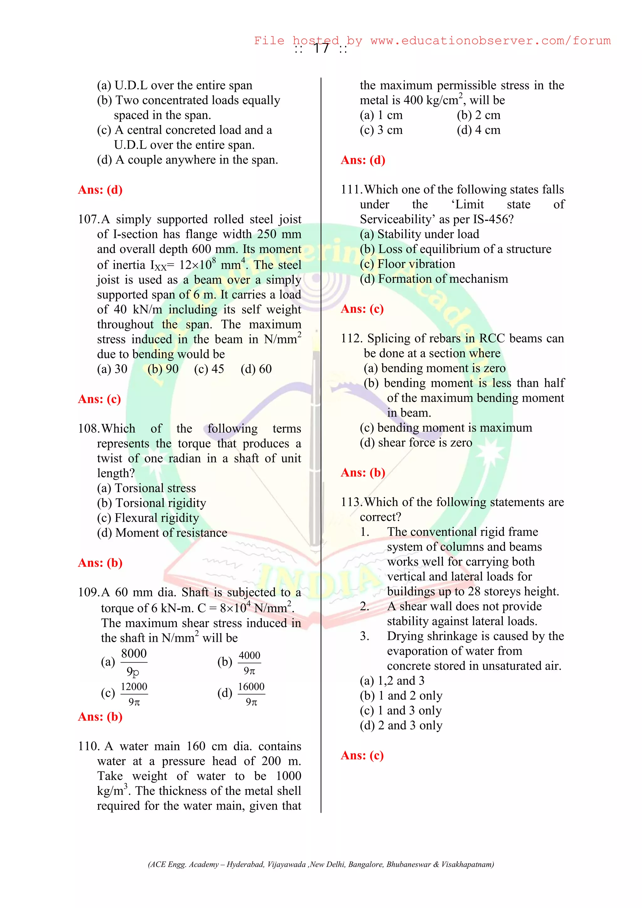 Ies 2013 civil engineering objective paper i solved question paper | PDF