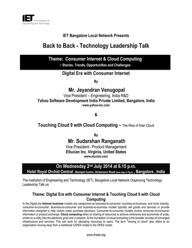 IET-BANGALORE LOCAL NETWORK - TECHNOLOGY LEADERSHIP TALK JULY 2014 | PDF