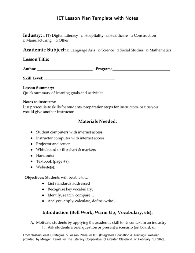 IET Lesson Plan Template with Notes (Editable DOCX) | PDF