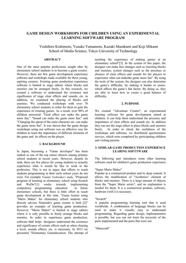 Paper GAME DESIGN WORKSHOPS FOR CHILDREN USING AN EXPERIMENTAL LEARNING SOFTWARE PROGRAM | PDF