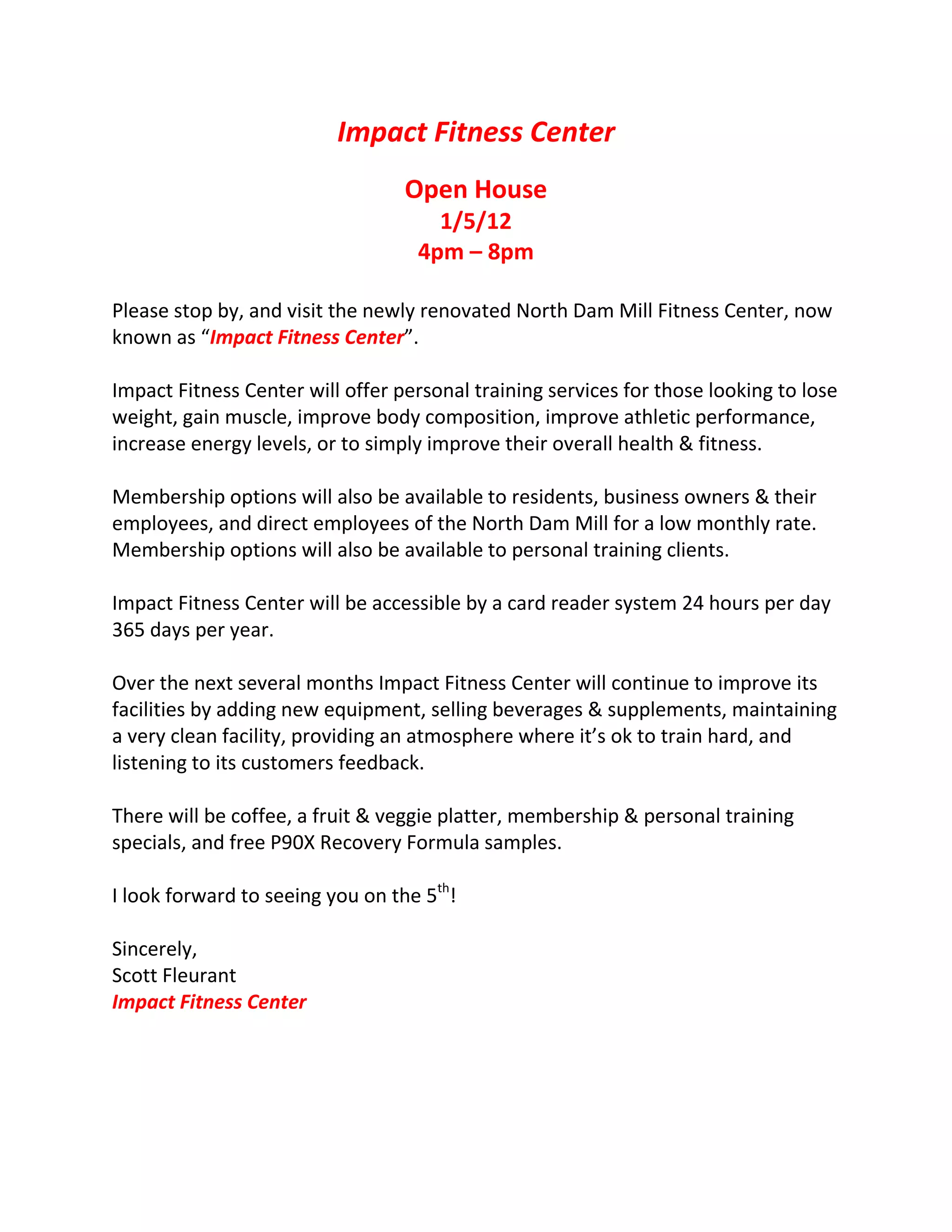 Impact Fitness Center - Open House Announcement 1.5.12