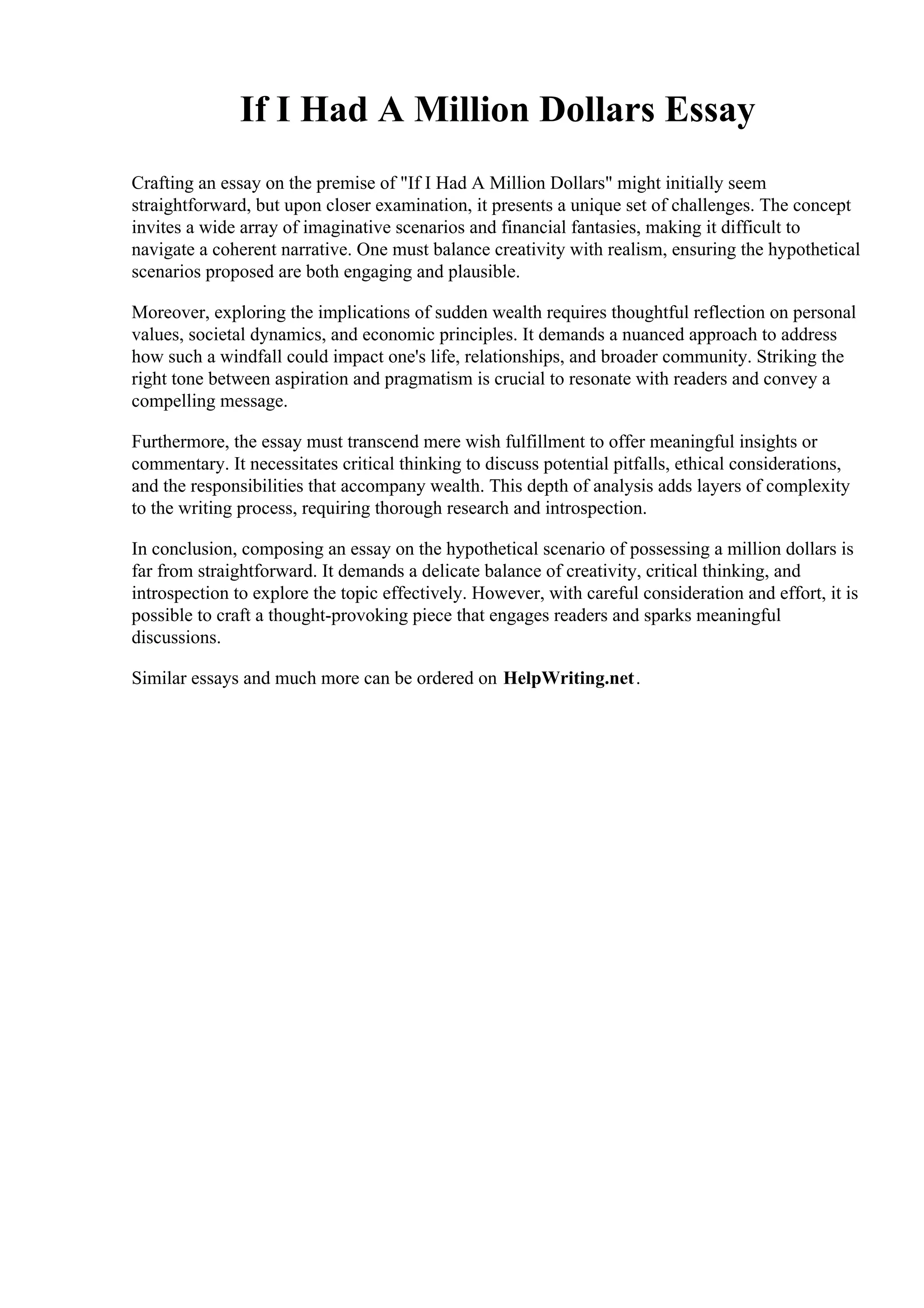 If I Had A Million Dollars Essay. Abraham Lincoln University | PDF ...