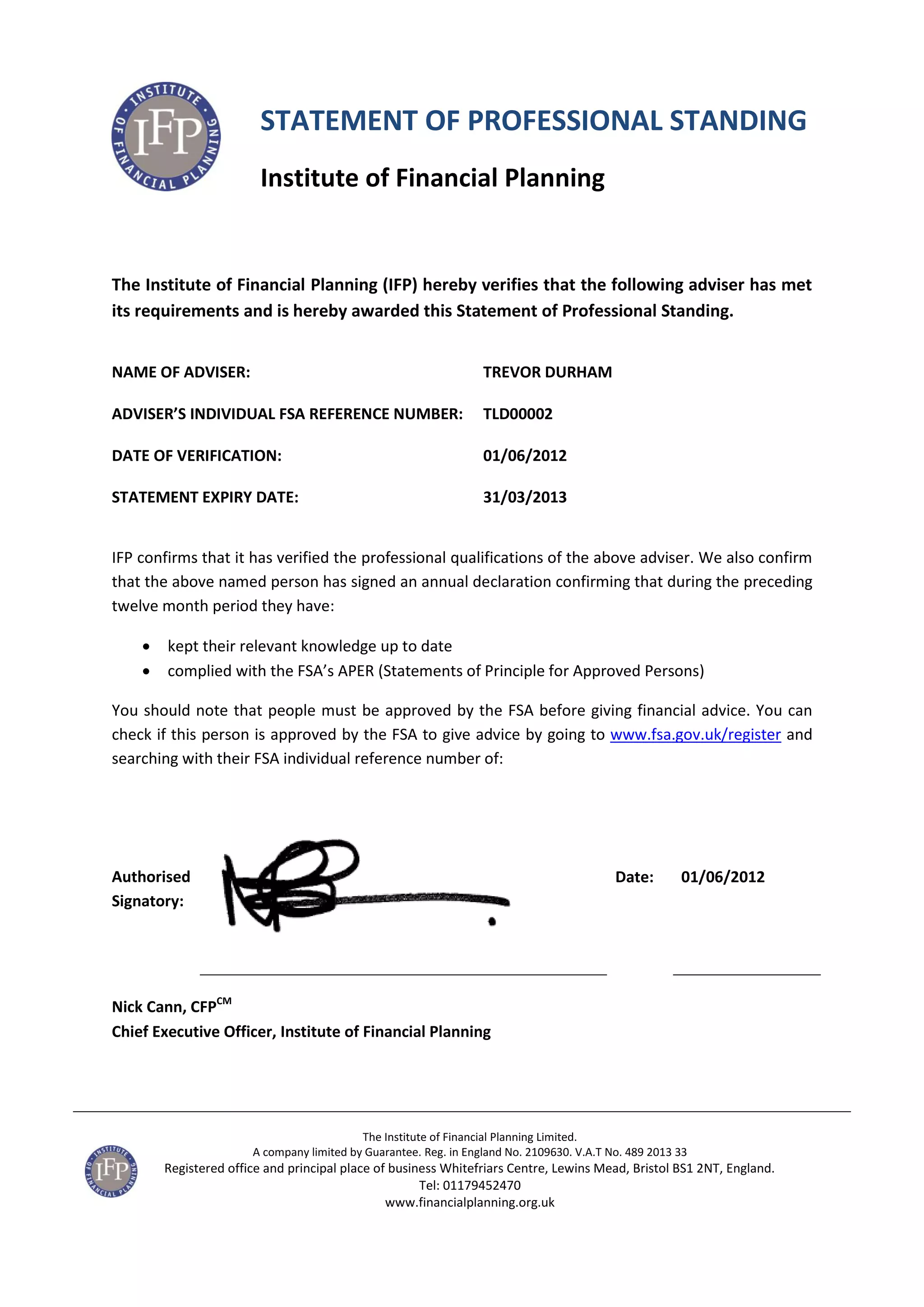 Statement of Professional Standing (IFP) | PDF