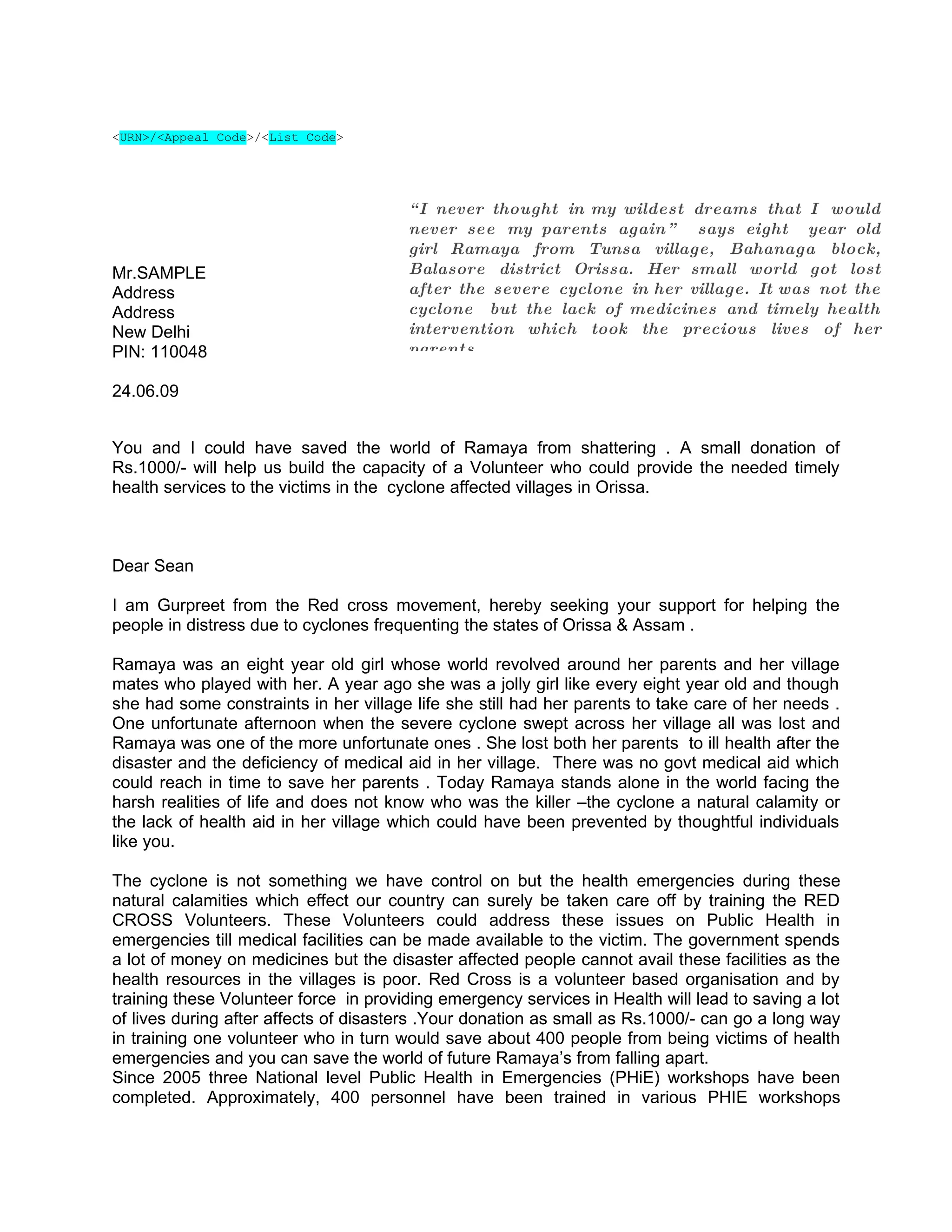 Ifrc In India Direct Mail Letter | DOC