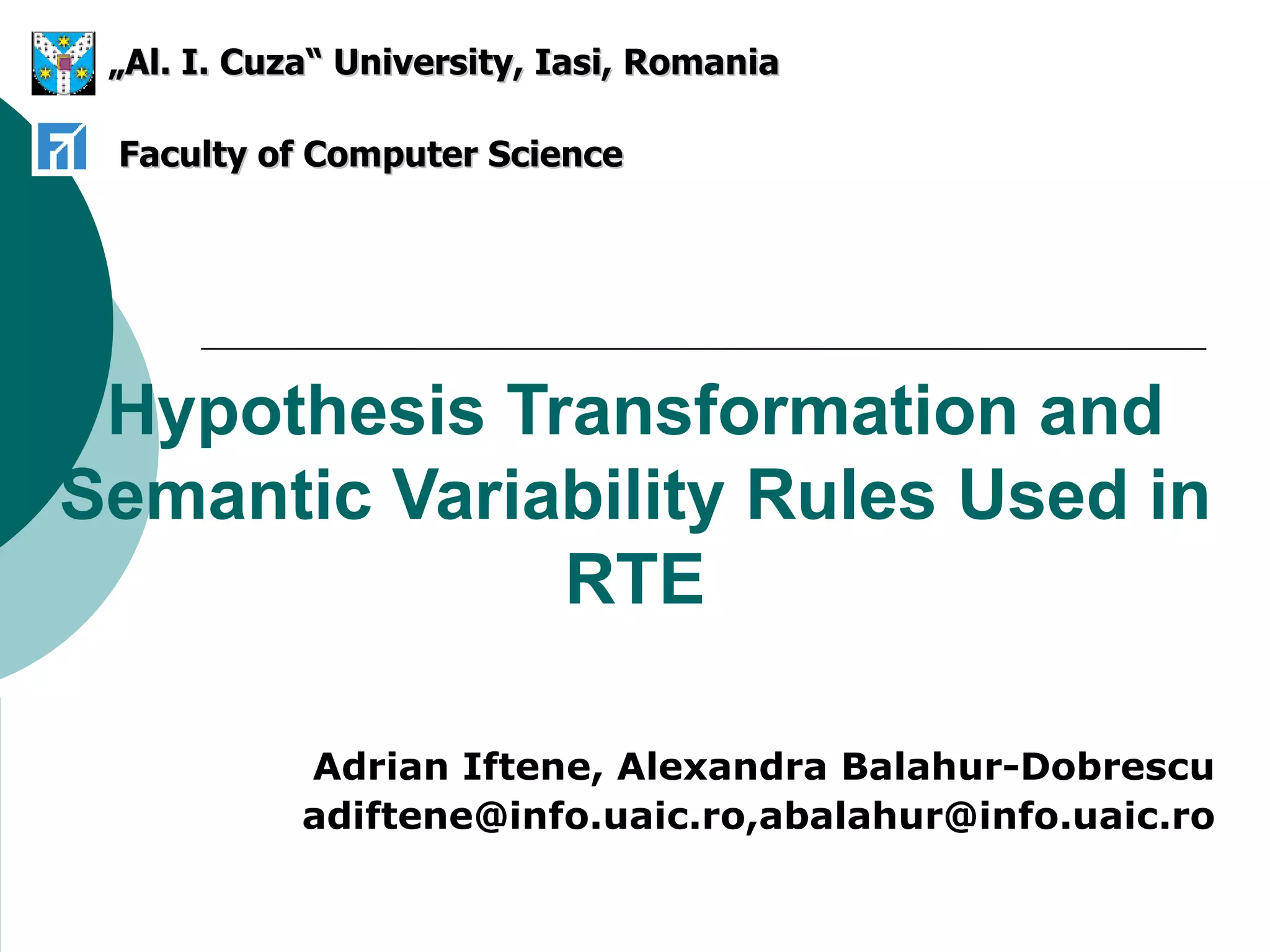 Hypothesis Transformation and Semantic Variability Rules Used in RTE | PPT