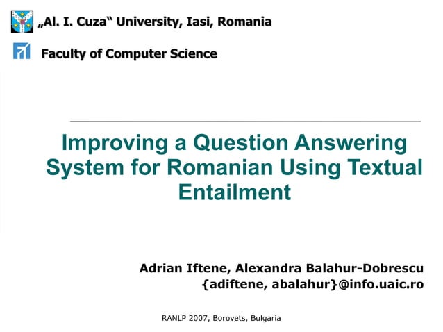 Improving a Question Answering System for Romanian Using Textual Entailment | PPT