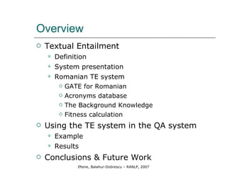 Improving a Question Answering System for Romanian Using Textual Entailment | PPT