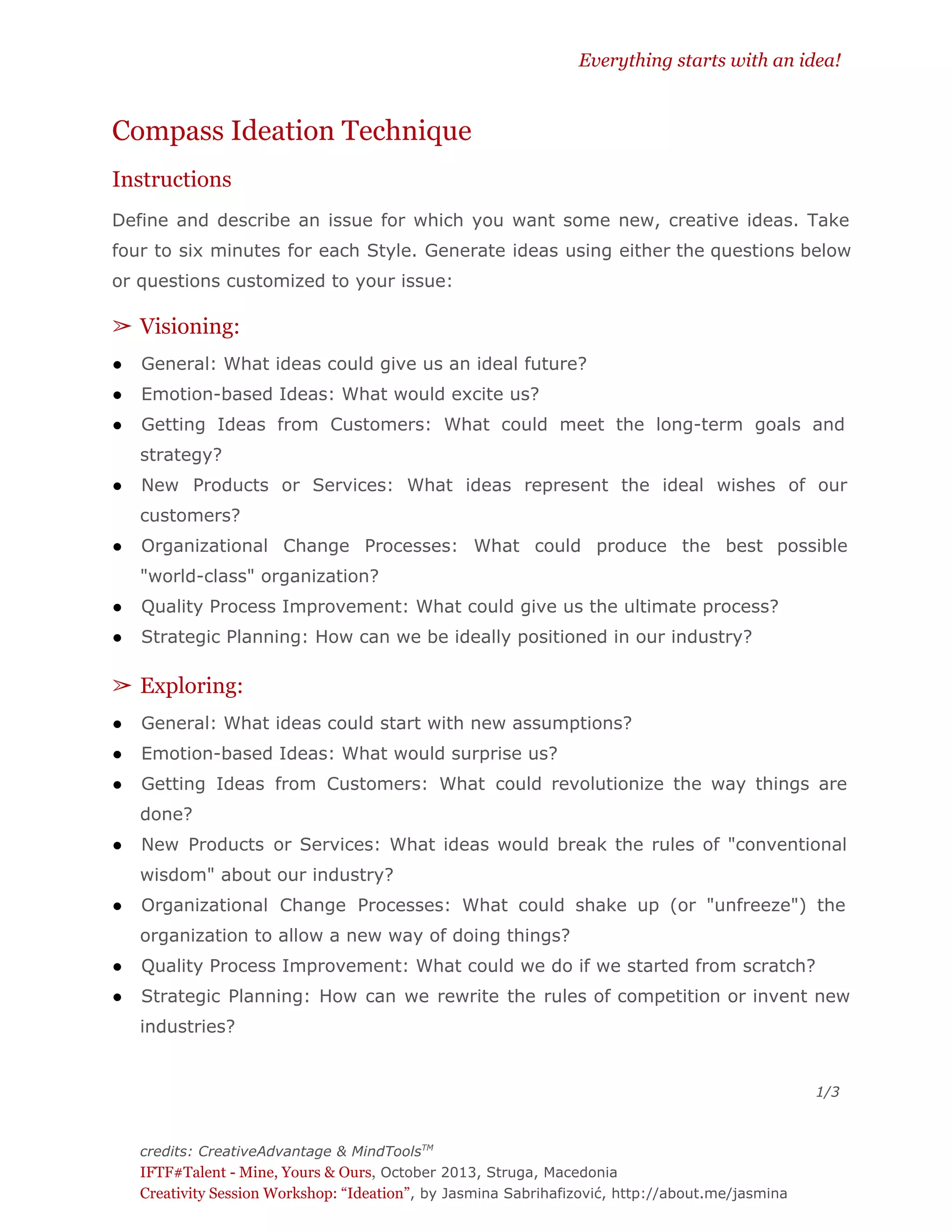 Ideafication, Creativity Session Workshop handouts | PDF