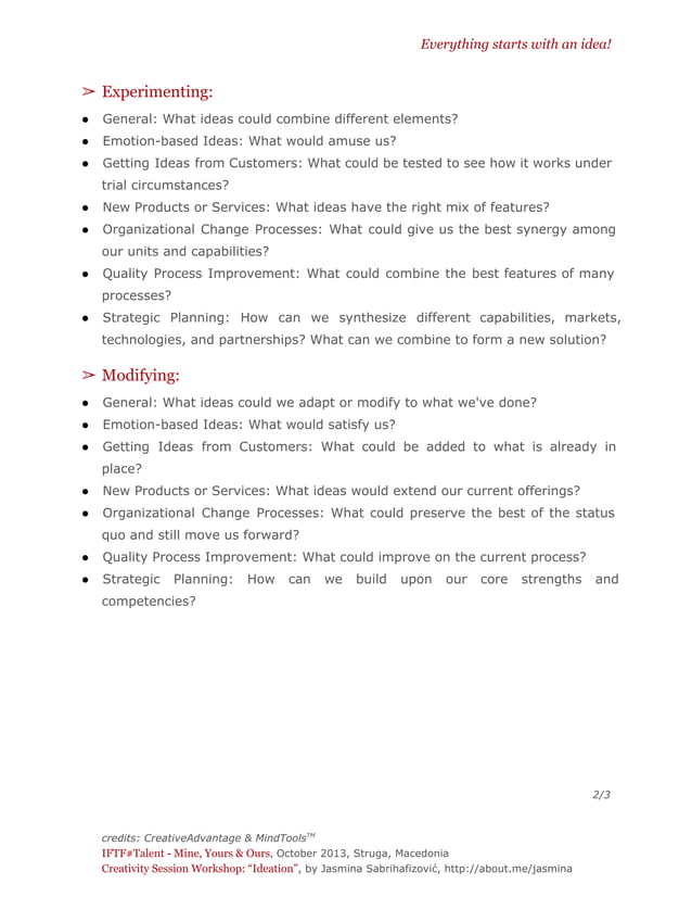 Ideafication, Creativity Session Workshop handouts | PDF | Business ...