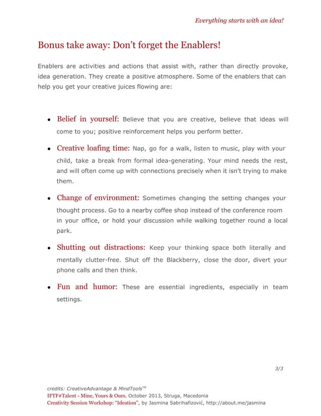 Ideafication, Creativity Session Workshop handouts | PDF | Business ...