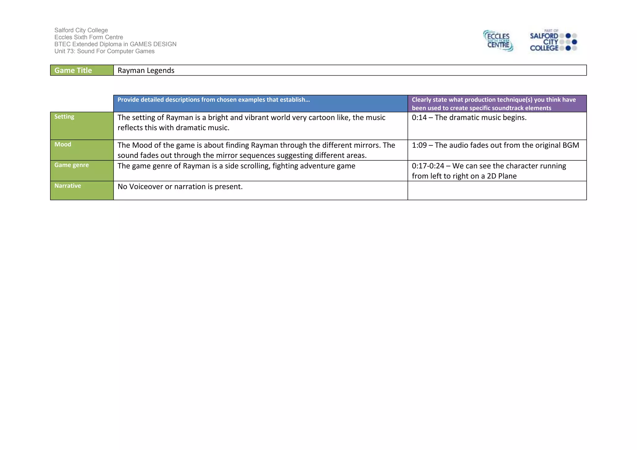 Ig1 task 2 analysis work sheet 1 rayman legends | PPT