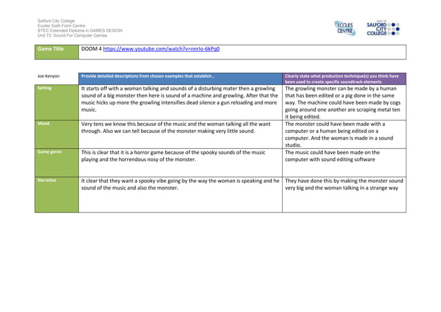 Ig1 task 2 analysis work sheet doom 4 | PPT
