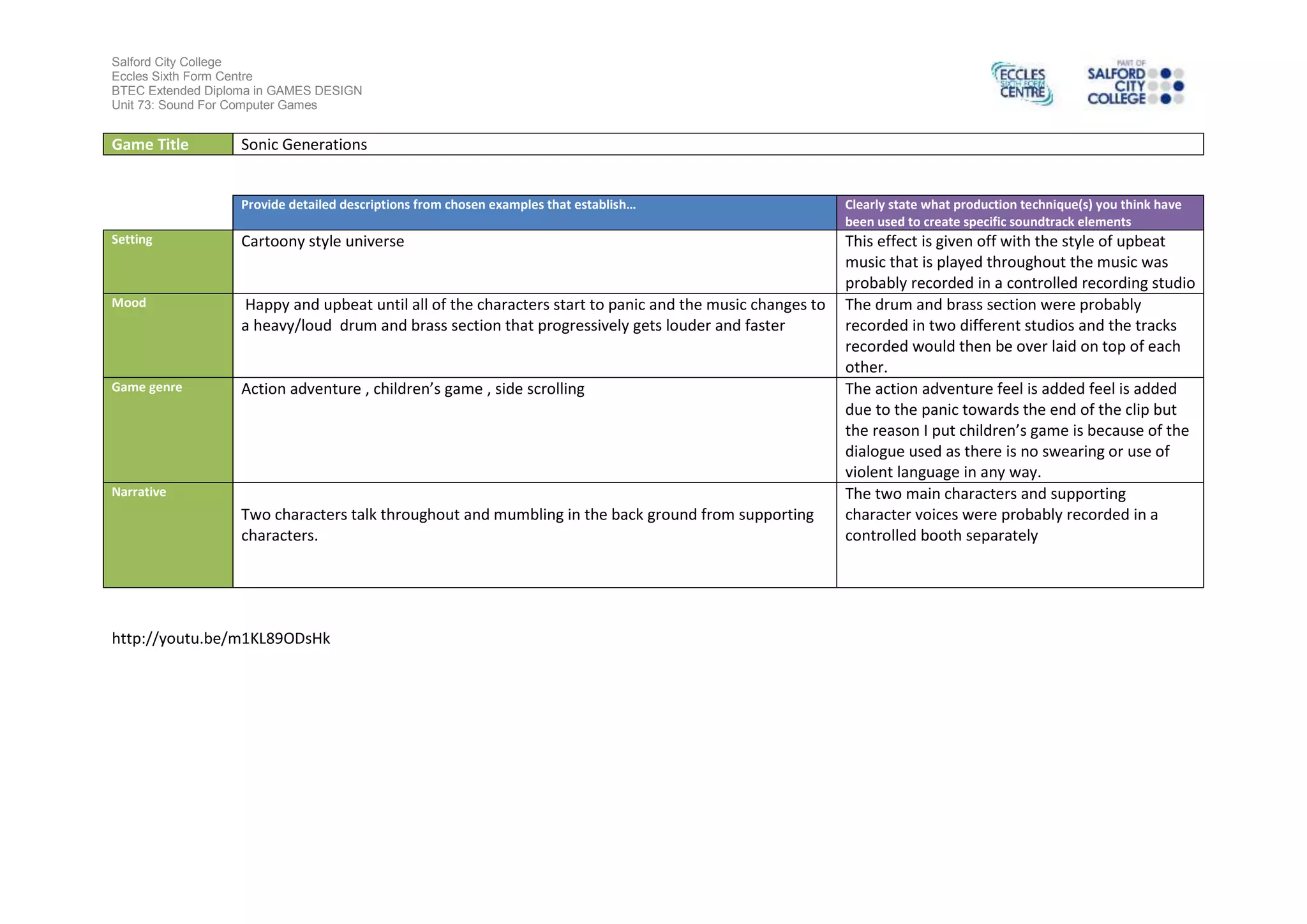 Ig1 task 2 analysis work sheet sonic generations finnished | PPT