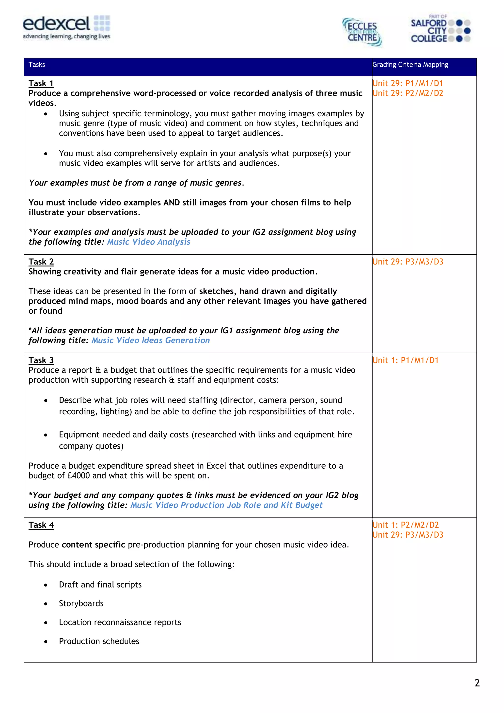 _ig2 music video production assignment 2014 to 2015 (1) | PDF