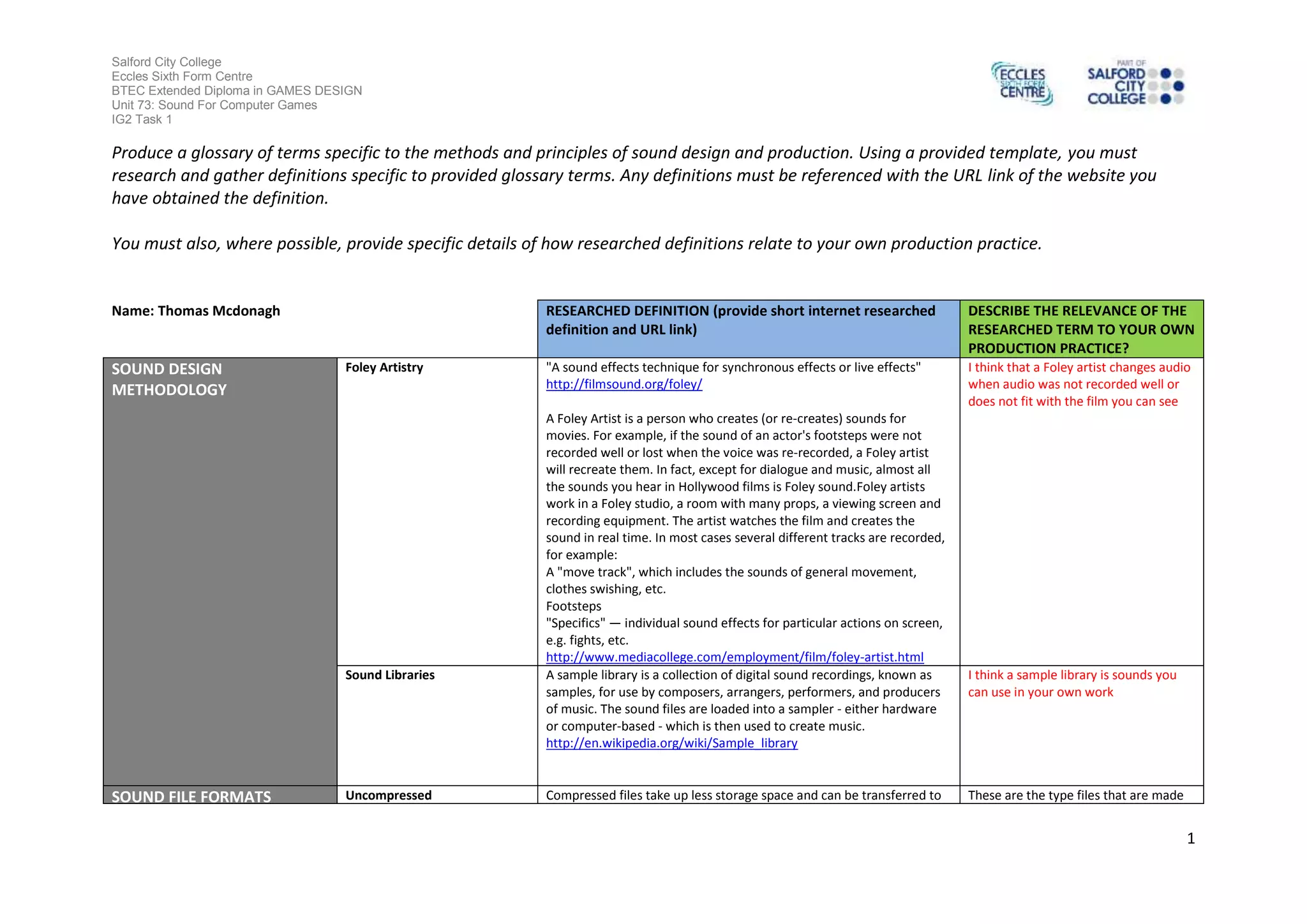 Ig2 task 1 work sheet | DOCX