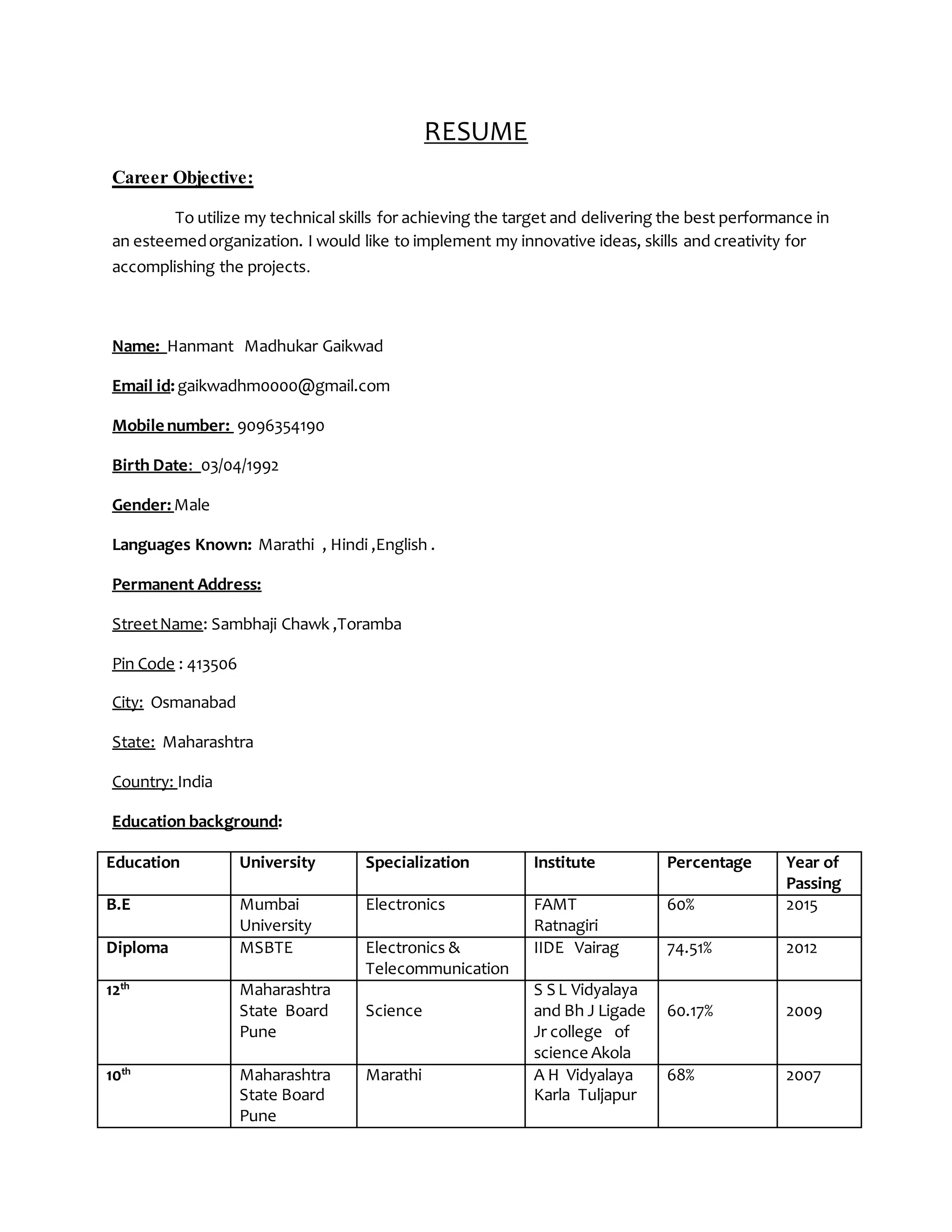 Igate resume template (1) hmgaikwad | DOCX