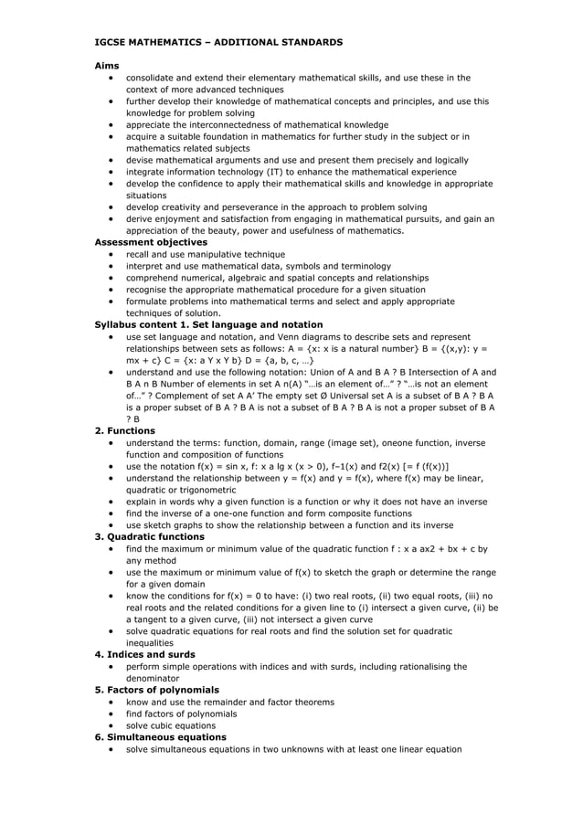 Igcse mathematics additional standards | DOCX