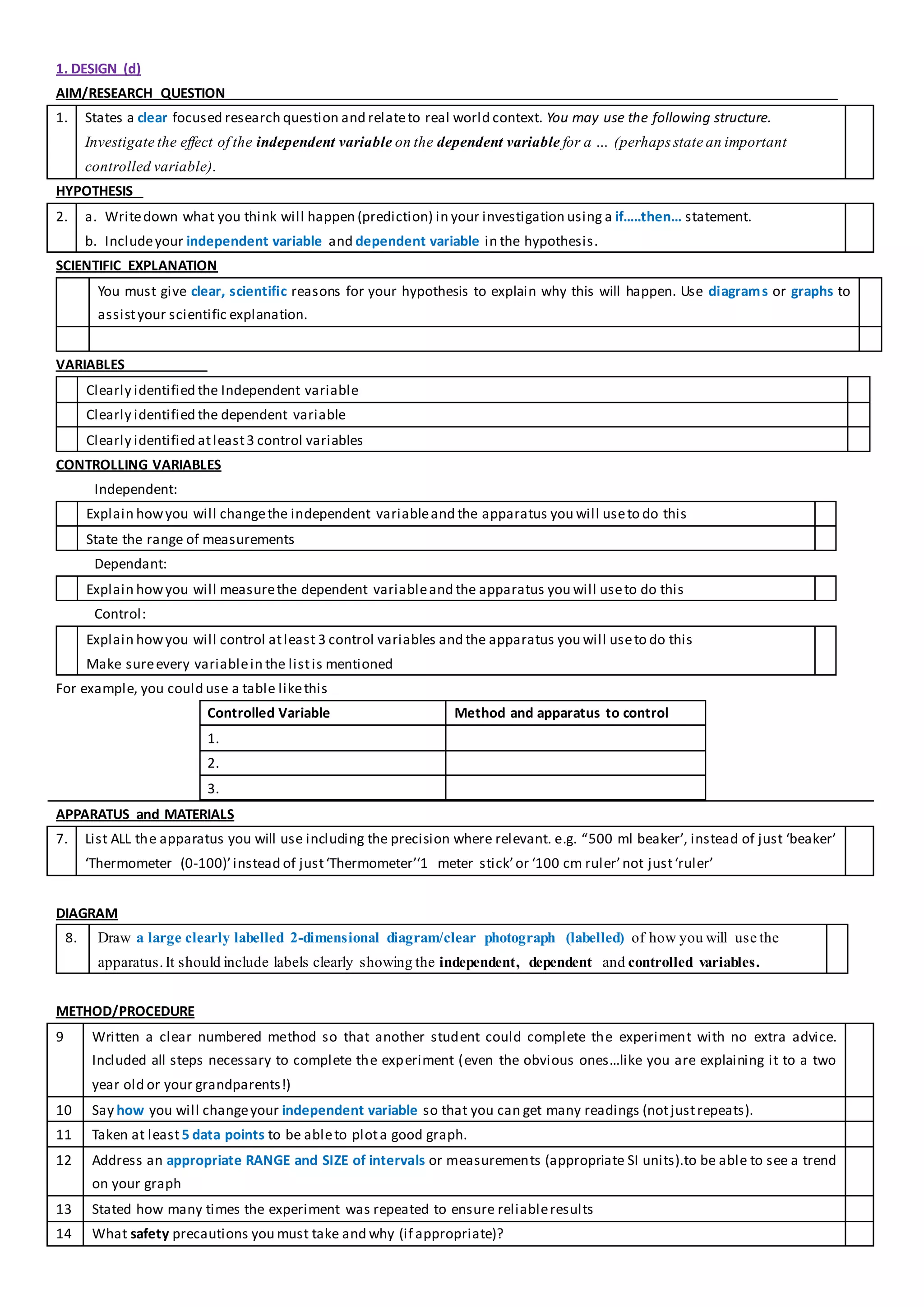 IGCSE Lab Report Headings and Checklist Guidance | DOC